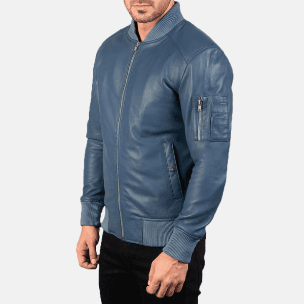 Mens Blue Leather Biker Bomber Jacket - XEBOI